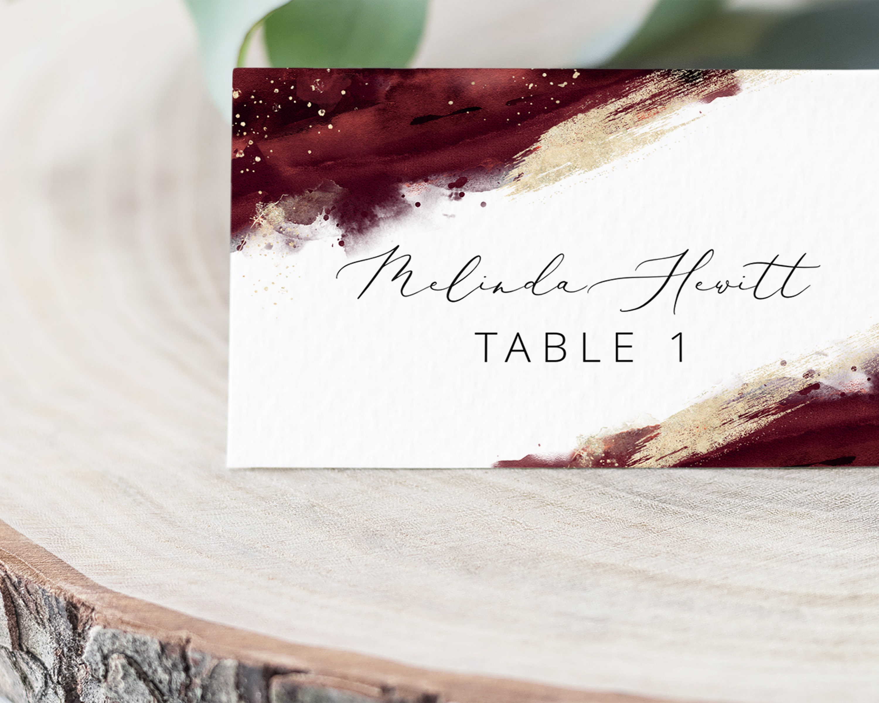 Burgundy Place Card, Burgundy and Gold Watercolor Splash, Wedding ...