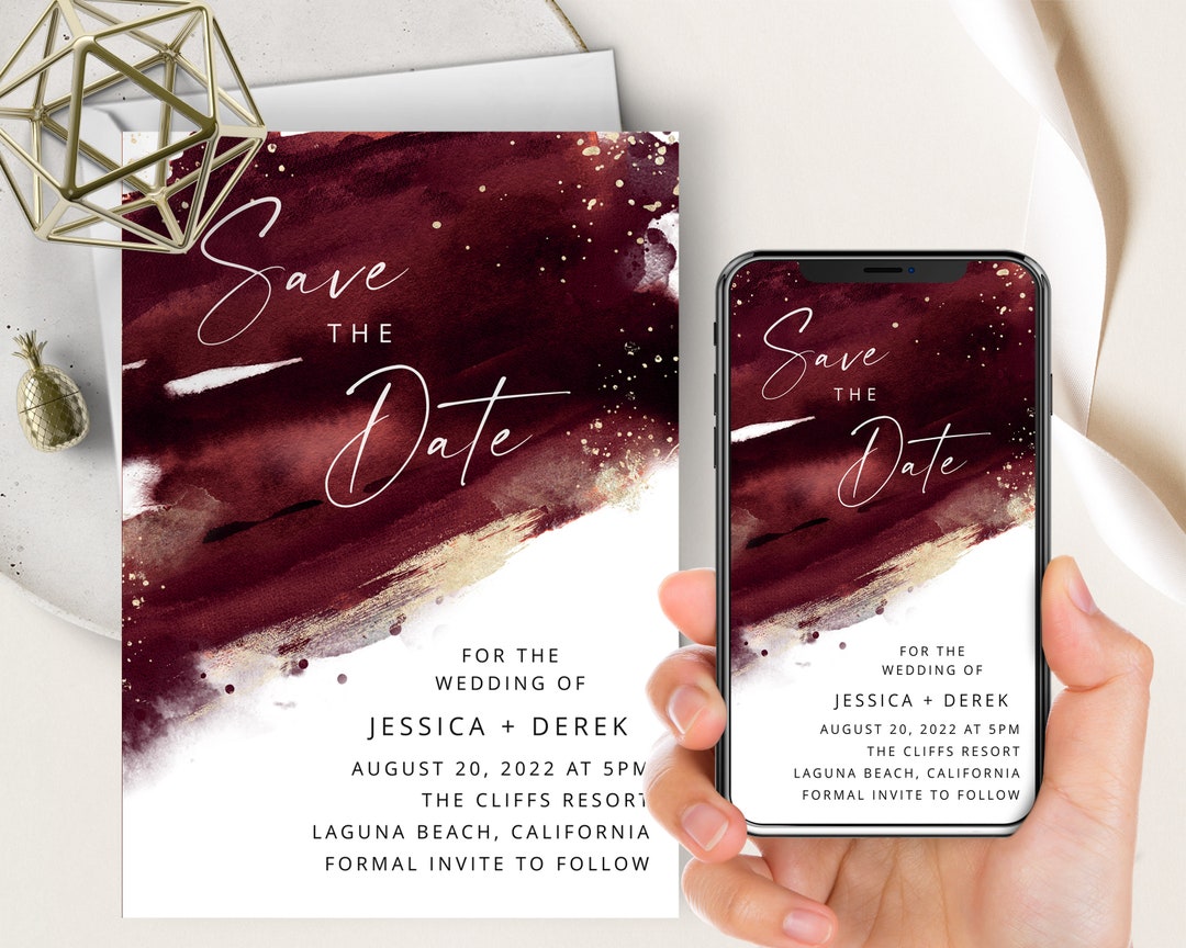 Burgundy Save the Date Phone Evite+printable Invite, Burgundy and Gold ...