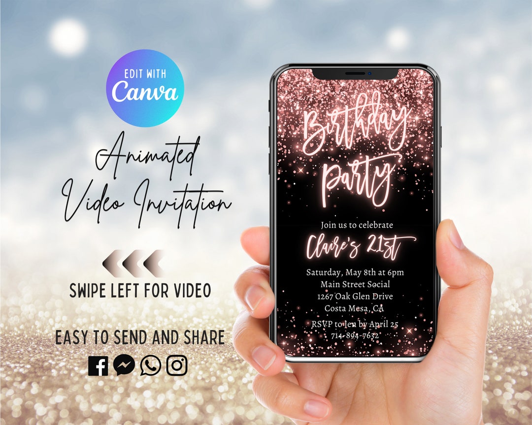 Birthday Video Invitation, Animated Invite, Rose Gold Invitation, 21st ...