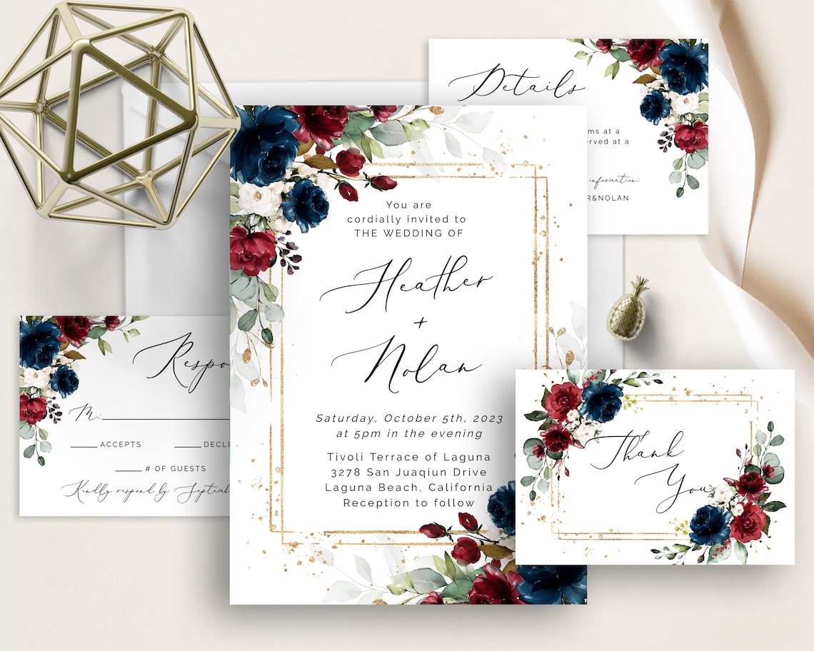 Marsala Floral Wedding Invite Set, Navy Blue, Burgundy Merlot, Blush ...