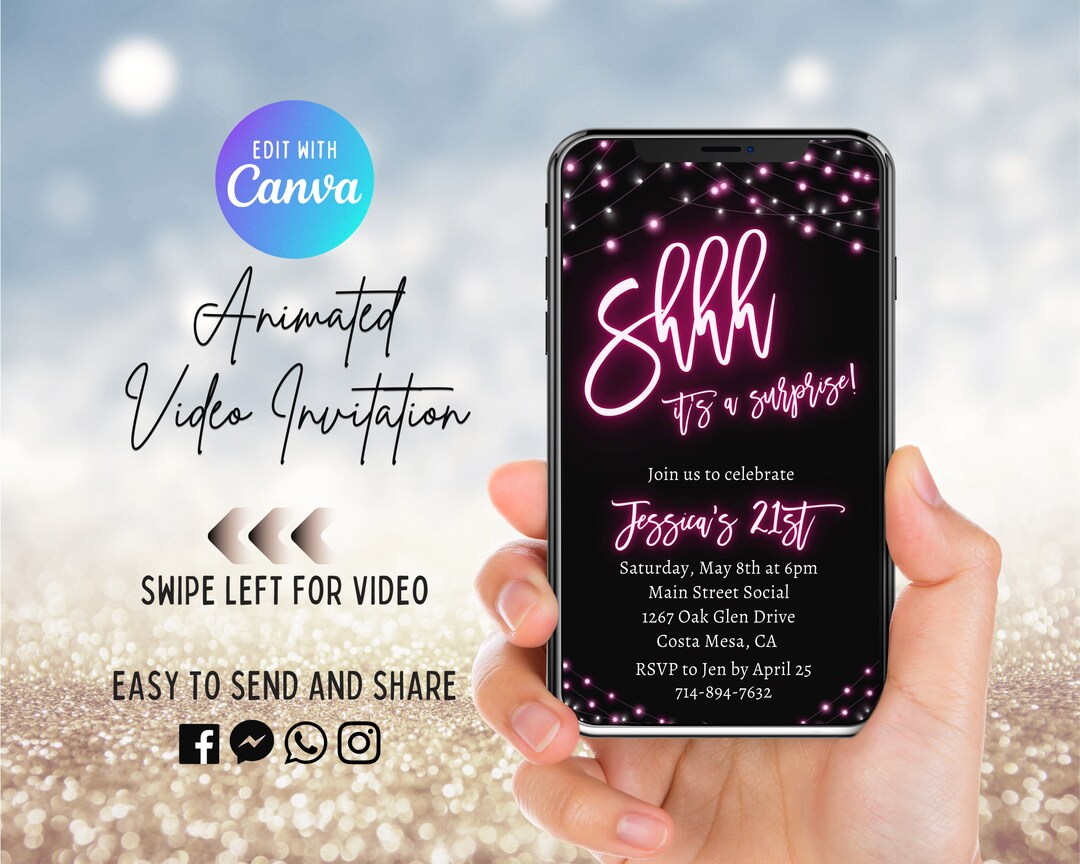Neon Pink Birthday Video Invitation, Animated Invite, Surprise 21st ...