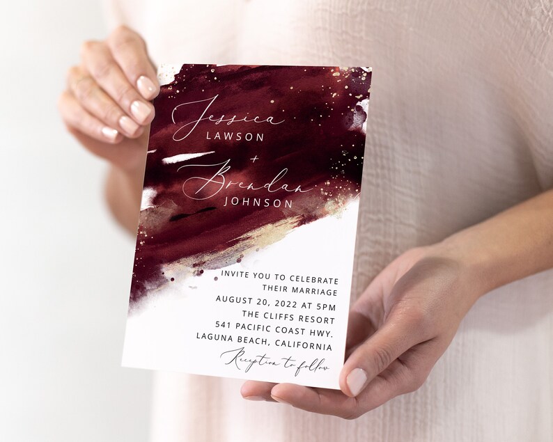 Burgundy Wedding Invite Set, Burgundy and Gold Watercolor Splash, Paint ...