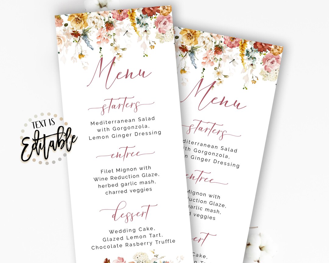 Floral Dinner Menu, Wildflowers Cottage Floral, Wedding Food Menu ...