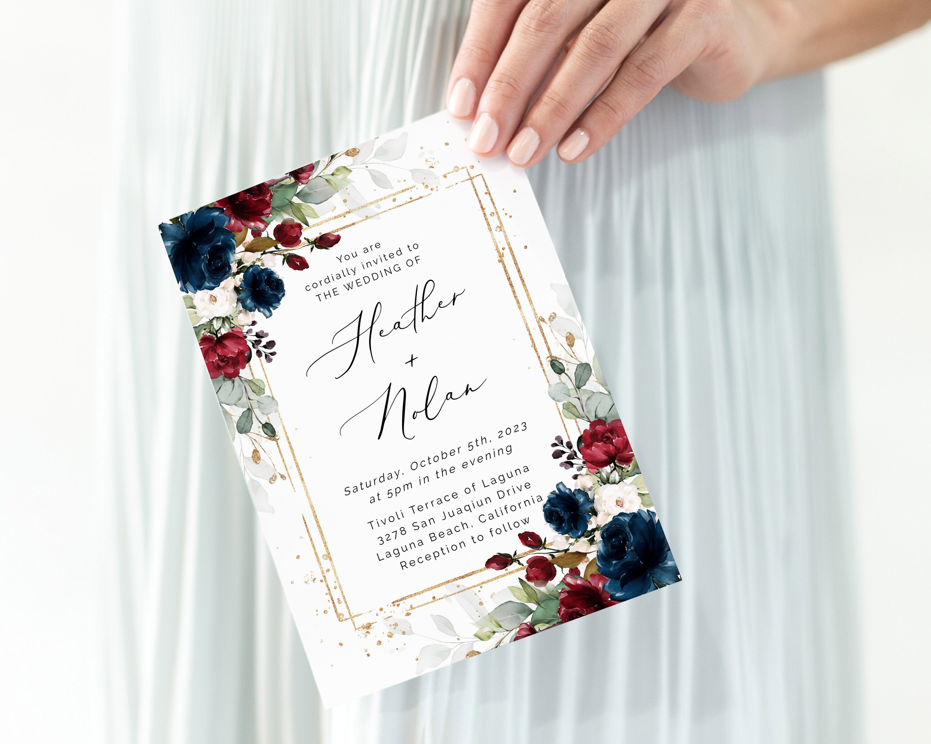 Marsala Floral Wedding Invite Set, Navy Blue, Burgundy Merlot, Blush ...