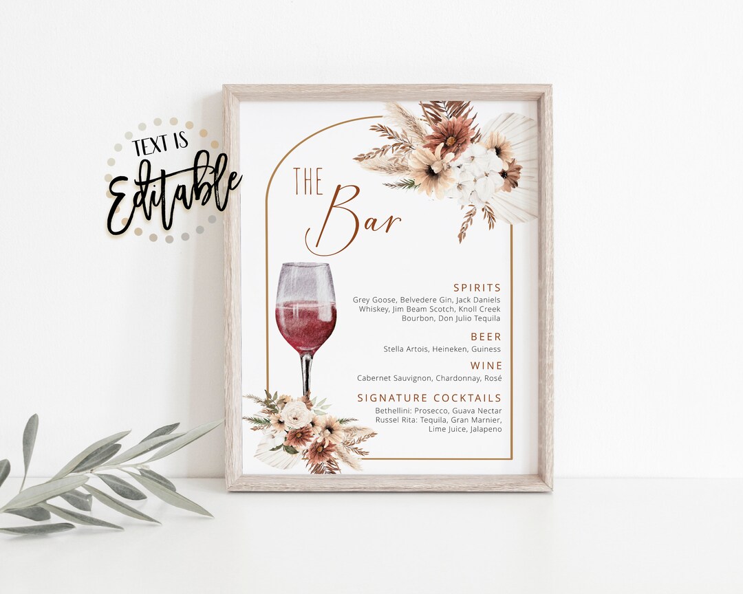 Boho Floral Bar Sign, Signature Cocktails Drinks Sign, Arch, Pampas ...