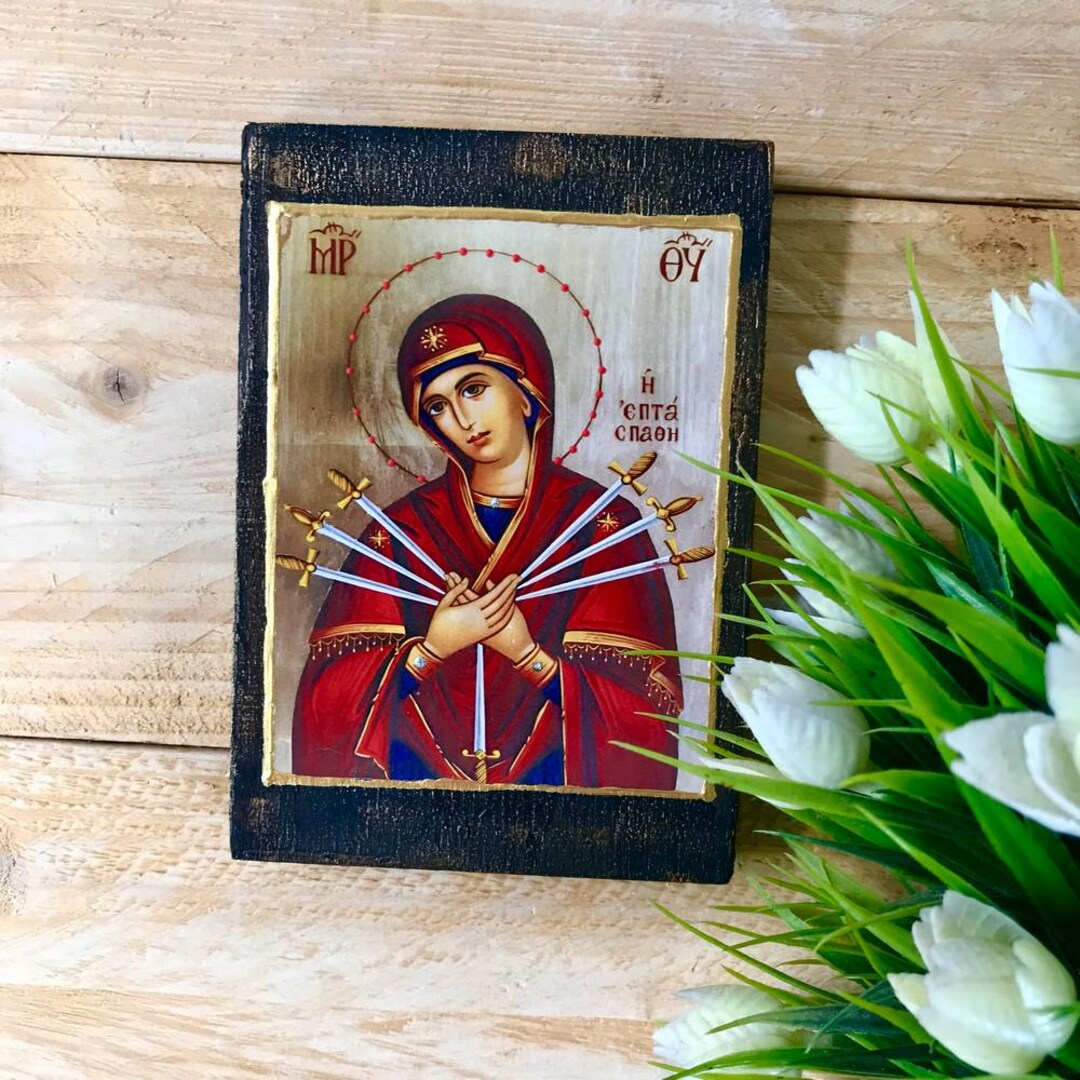 Mini Virgin Mary of Sorrows Icon – Handmade Greek Orthodox Wooden Icon ...