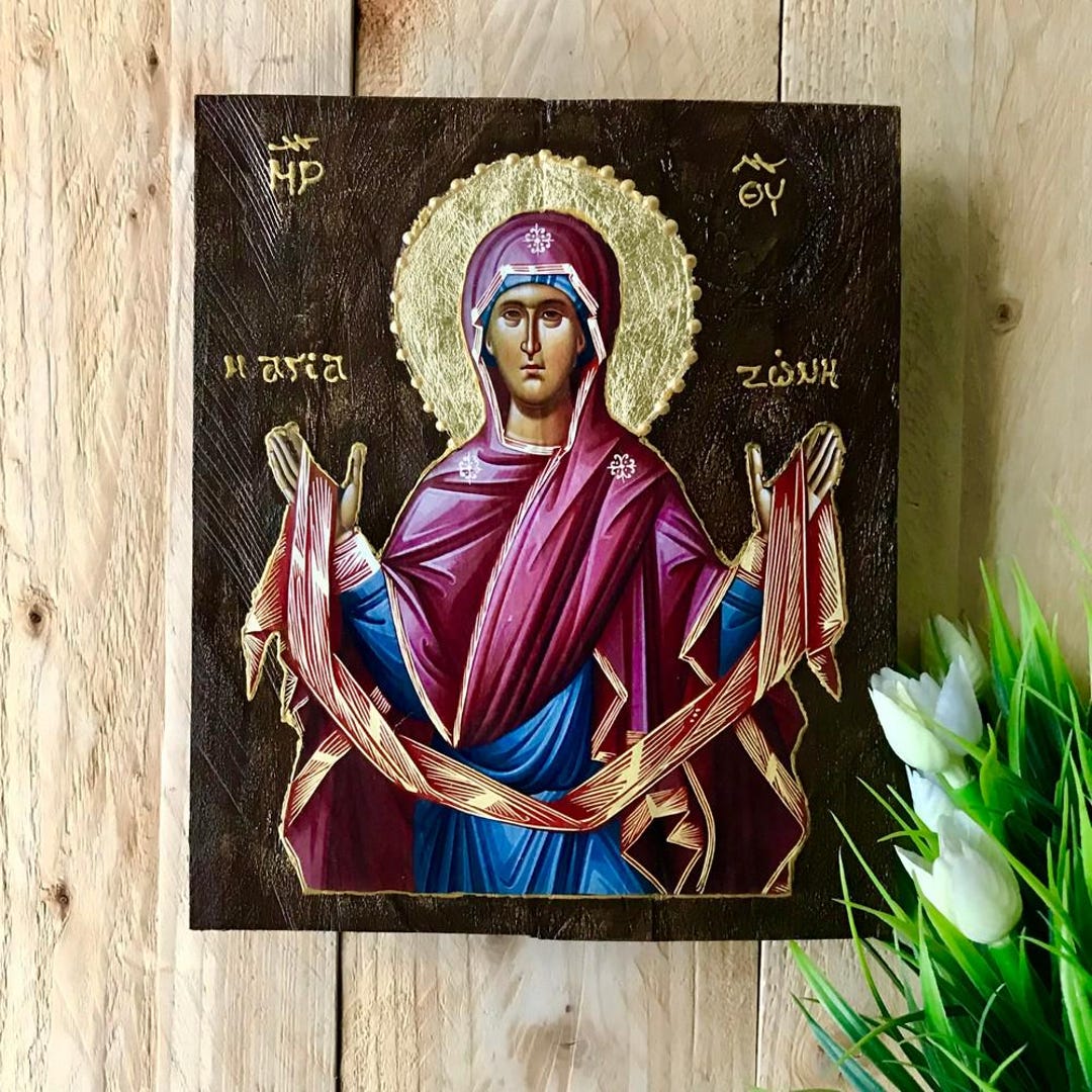 Theotokos Holy Belt/ Orthodox Icon of Panagia/ Handmade Wooden Orthodox ...