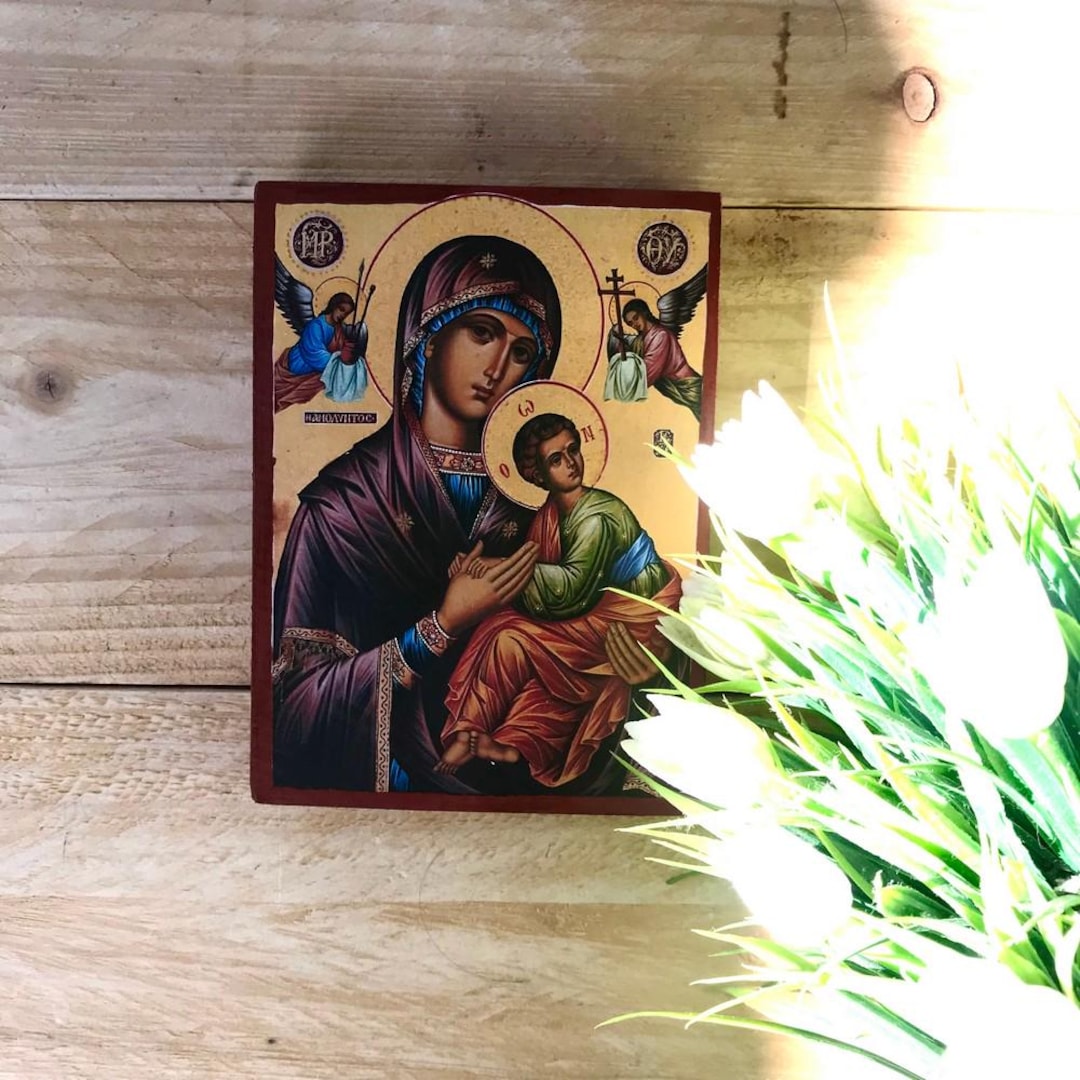 Virgin Mary Amolyntos Icon on Wood, Handmade Orthodox Icon the ...