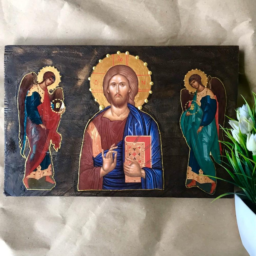 Handmade Greek Orthodox Icon of Jesus Christ Blessing With Archangels ...