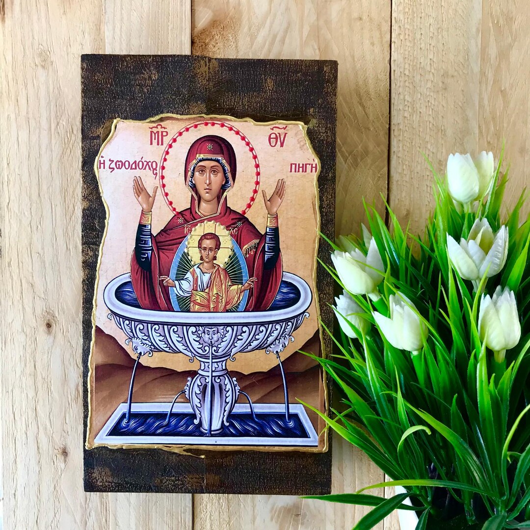 Theotokos the Life-giving Spring Handmade Greek Orthodox Wooden Icon ...