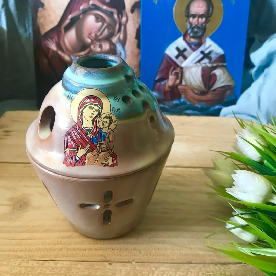 Ceramic Greek Orthodox Vigil Lamp With Icon of the Virgin Mary Orthodox ...