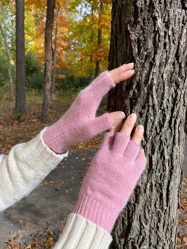 Pink Angora Fingerless Mittens: Knit Winter Gloves - Etsy