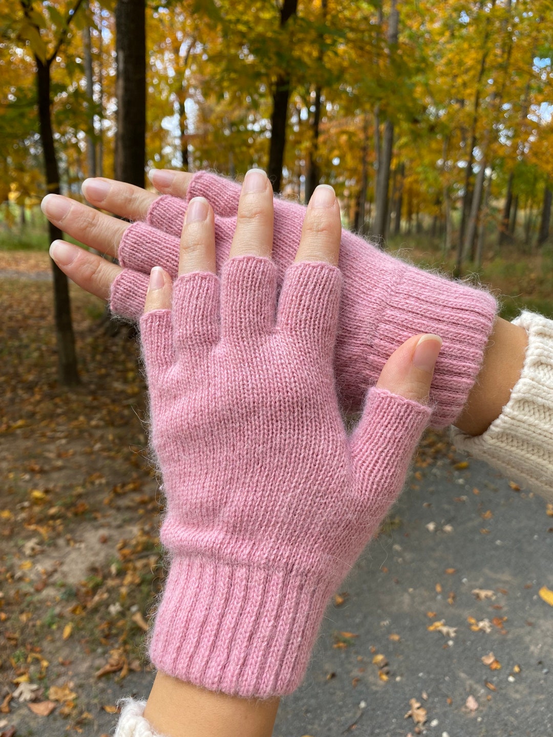 Pink Angora Fingerless Mittens: Knit Winter Gloves - Etsy