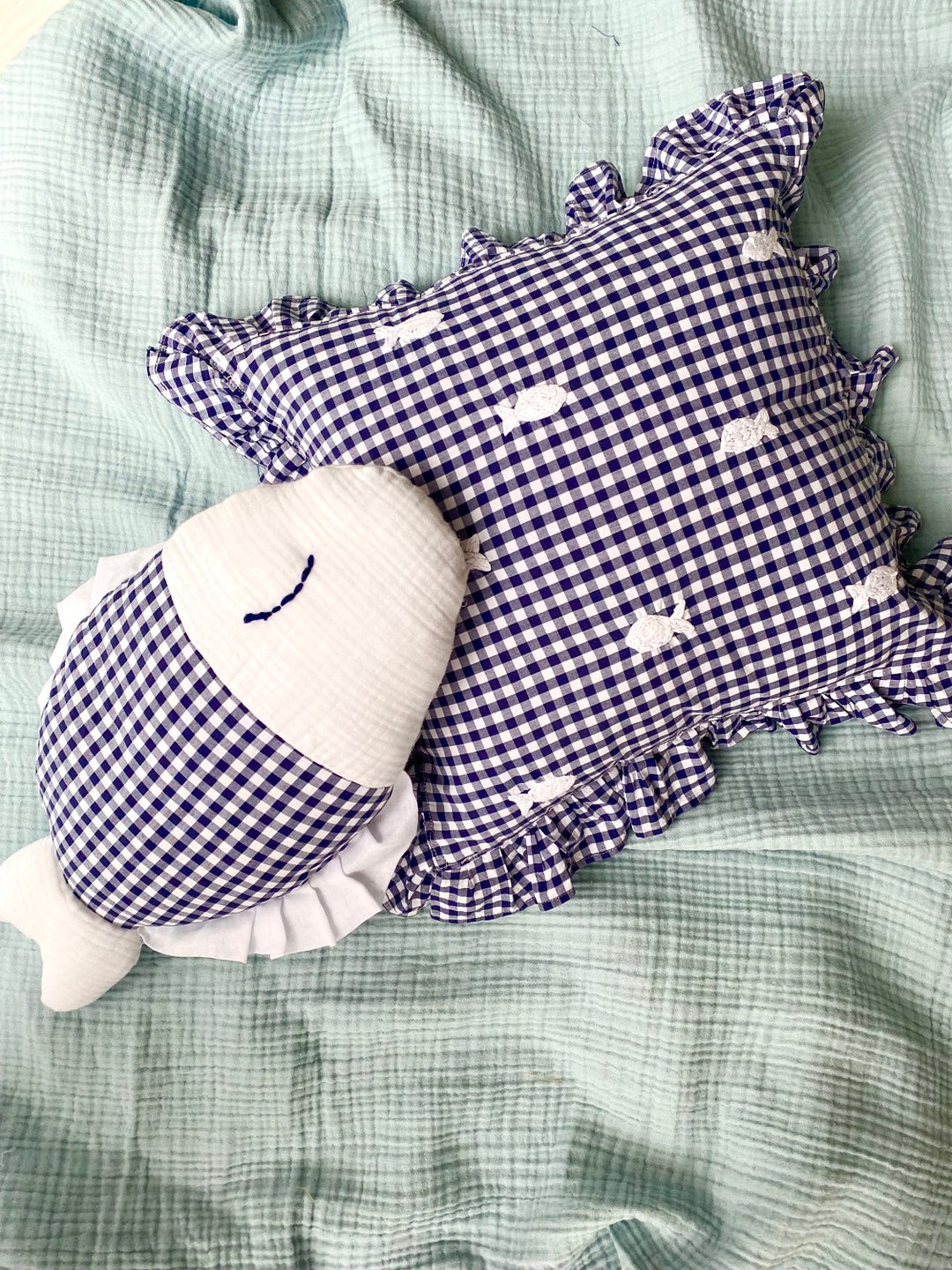 Hand Embroidered Fish Pillow Cover & Muslin Toy: Cotton Nursery Decor ...