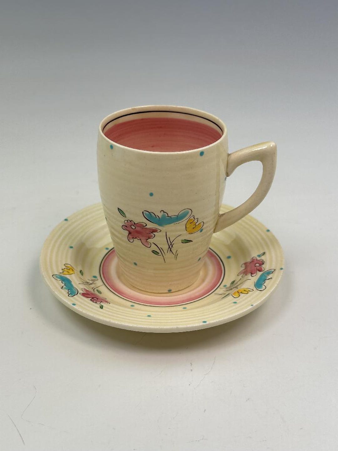 Clarice Cliff BON JOUR Pink Pattern Lynton Ribbed Coffee Cup 7 5cm ...