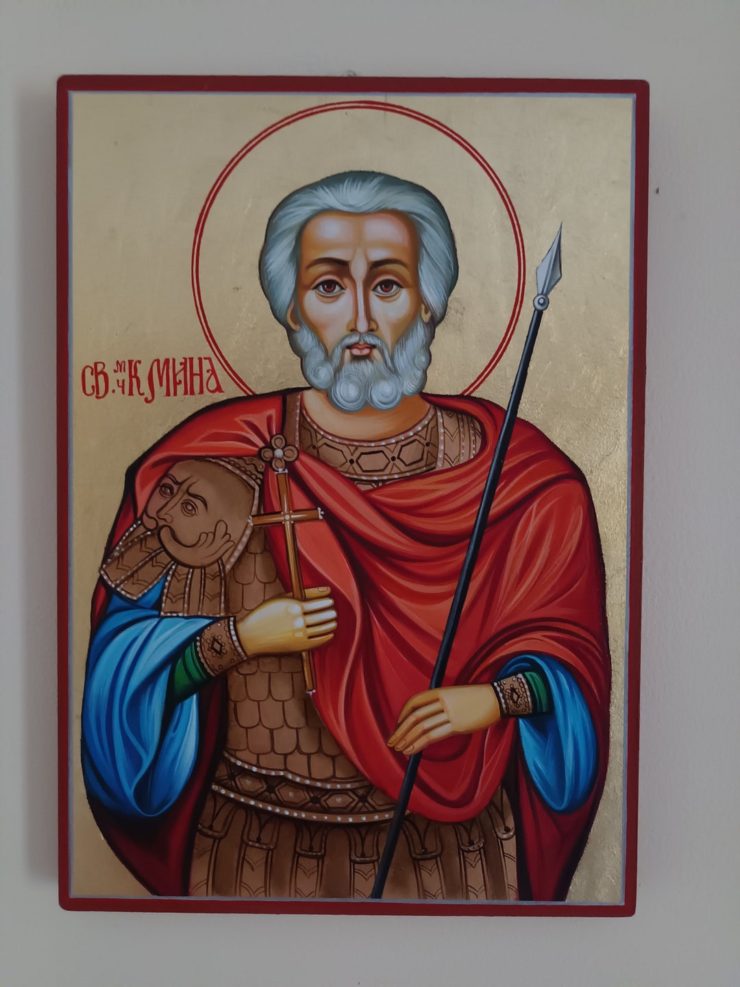 Painted Icon - Saint Mina the Icon is Hand -painted ,size:9/13 Inces,23 ...