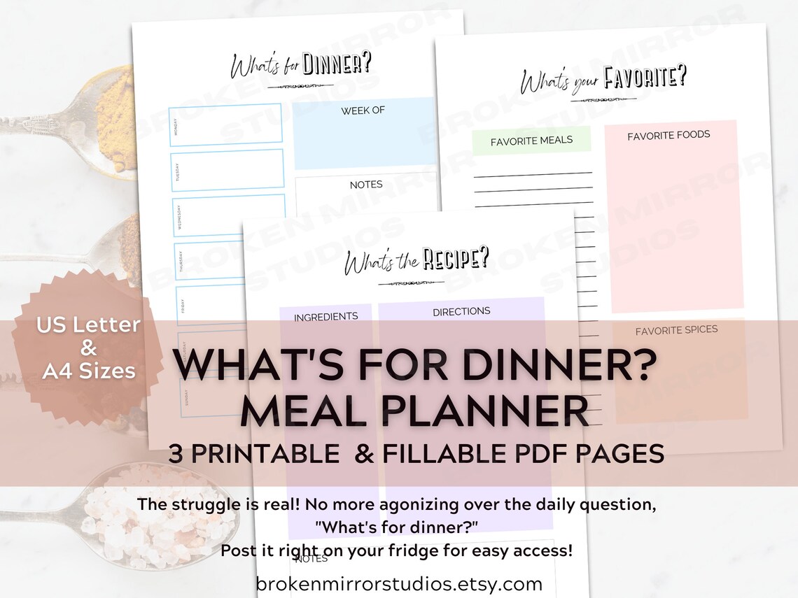 Printable Meal Planner | Recipe List | Dinner Menu | Daily Menu | Meal ...