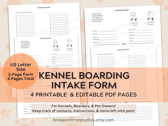 Kennel Boarding Intake Form Pet Boarding Intake Form Pet - Etsy