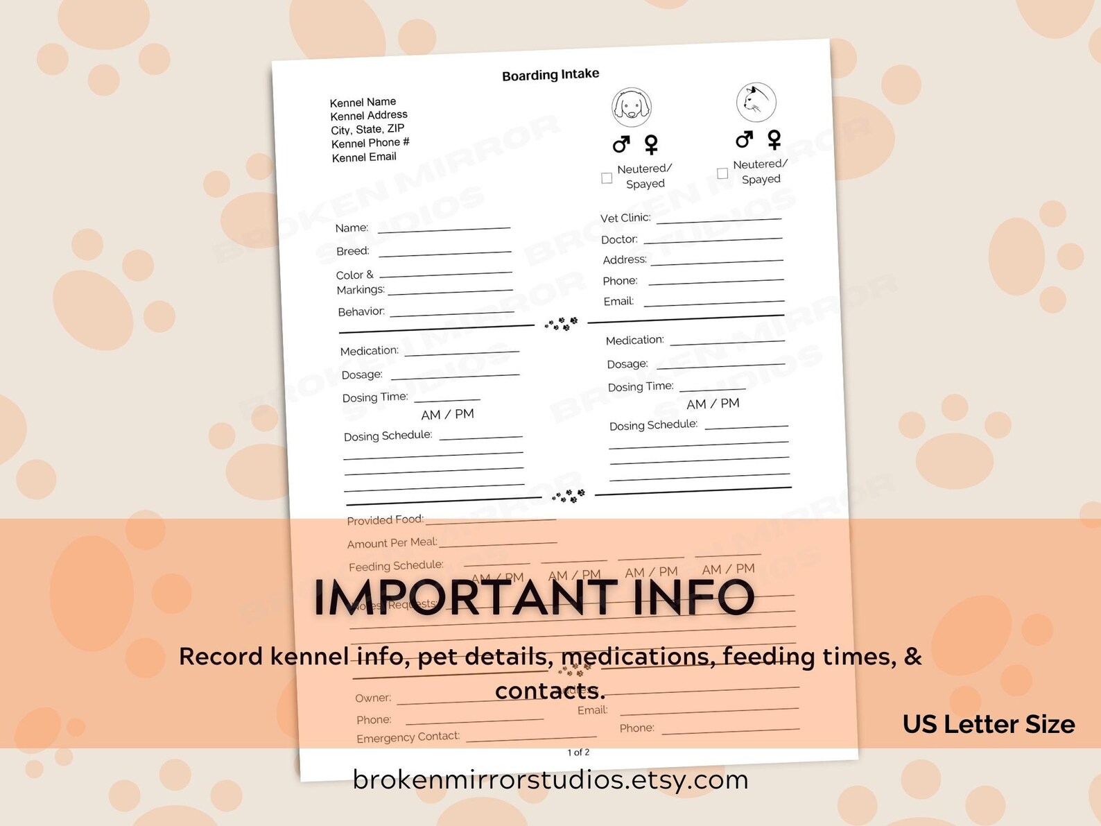 Kennel Boarding Intake Form: Pet Information Checklist (PDF) - Etsy