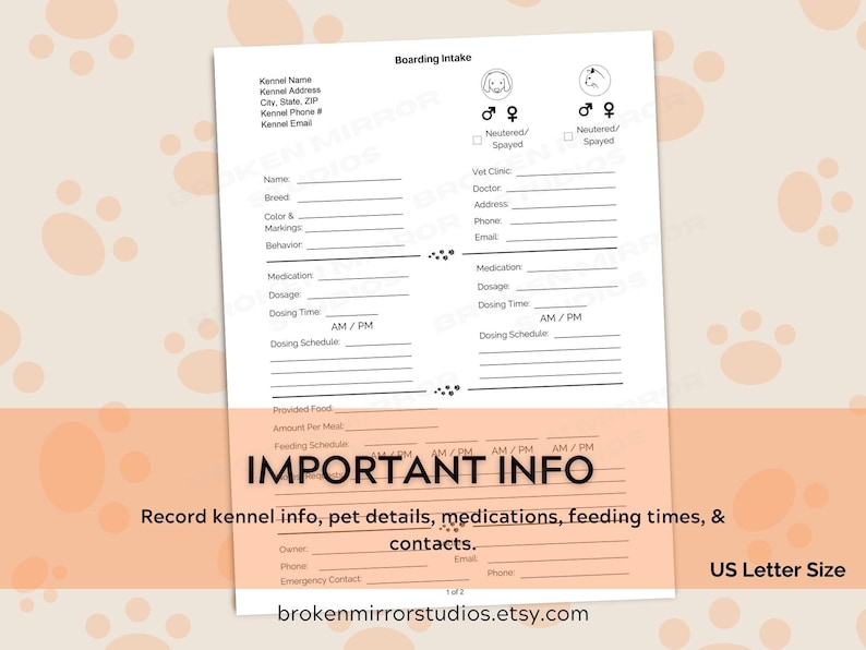 Kennel Boarding Intake Form: Pet Information Checklist (PDF) - Etsy