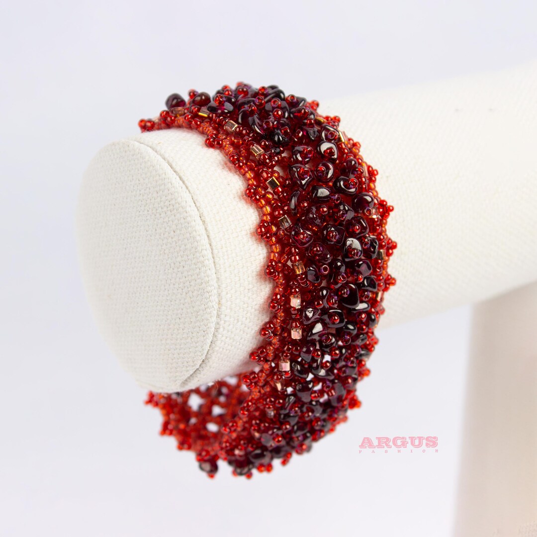 Extraordinary Red Garnet Beaded Wristband, Seed Beads Netted Base ...