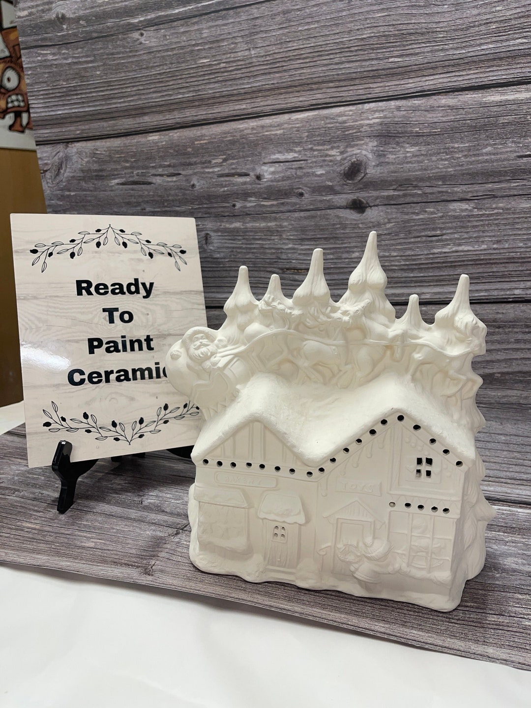 Ready to Paint Ceramic *RARE* Santas Sleigh Over Houses Lights and Pop ...