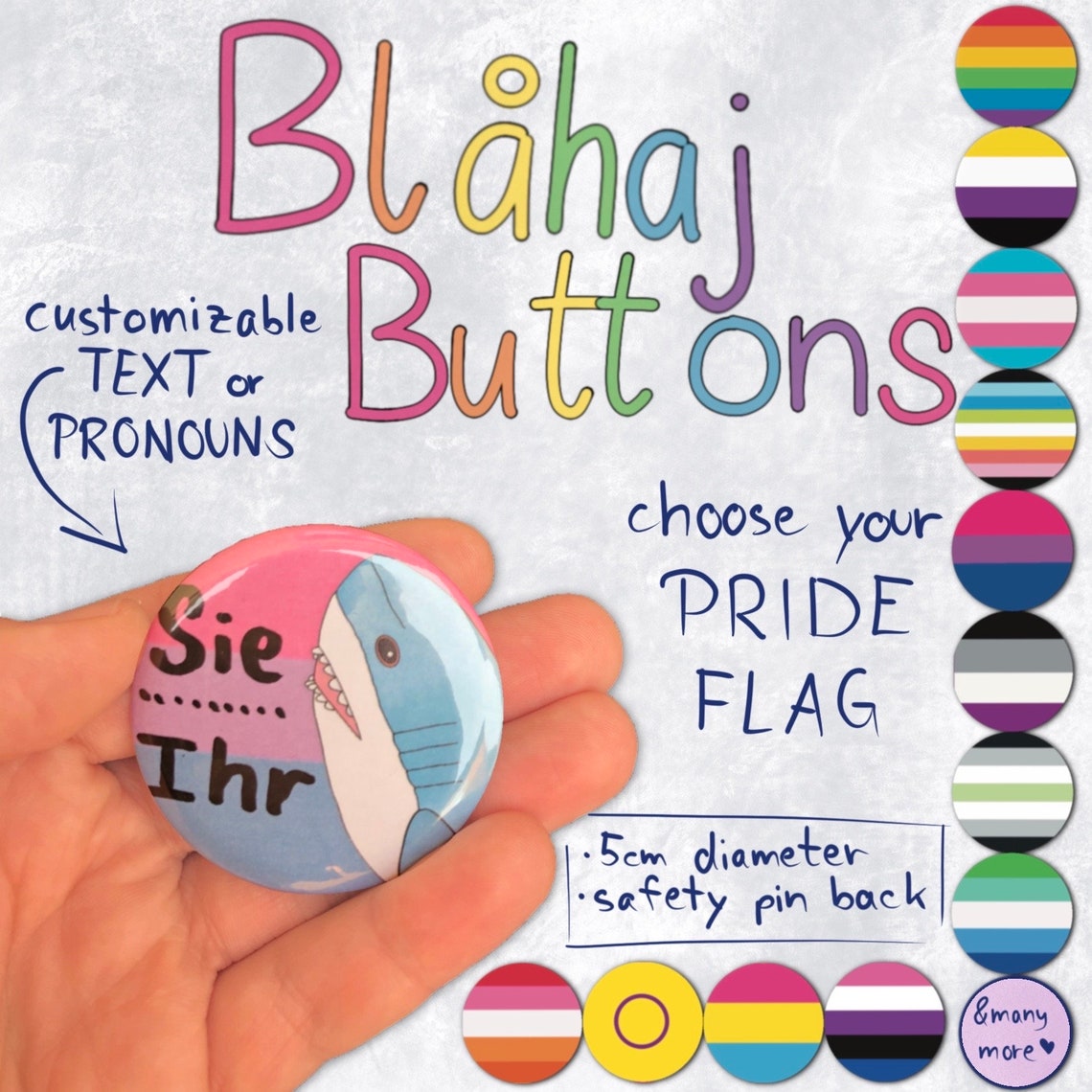 Blåhaj Pride Flag Custom Pronoun Buttons 5 Cm With Safety Pin Bmbut1 ...
