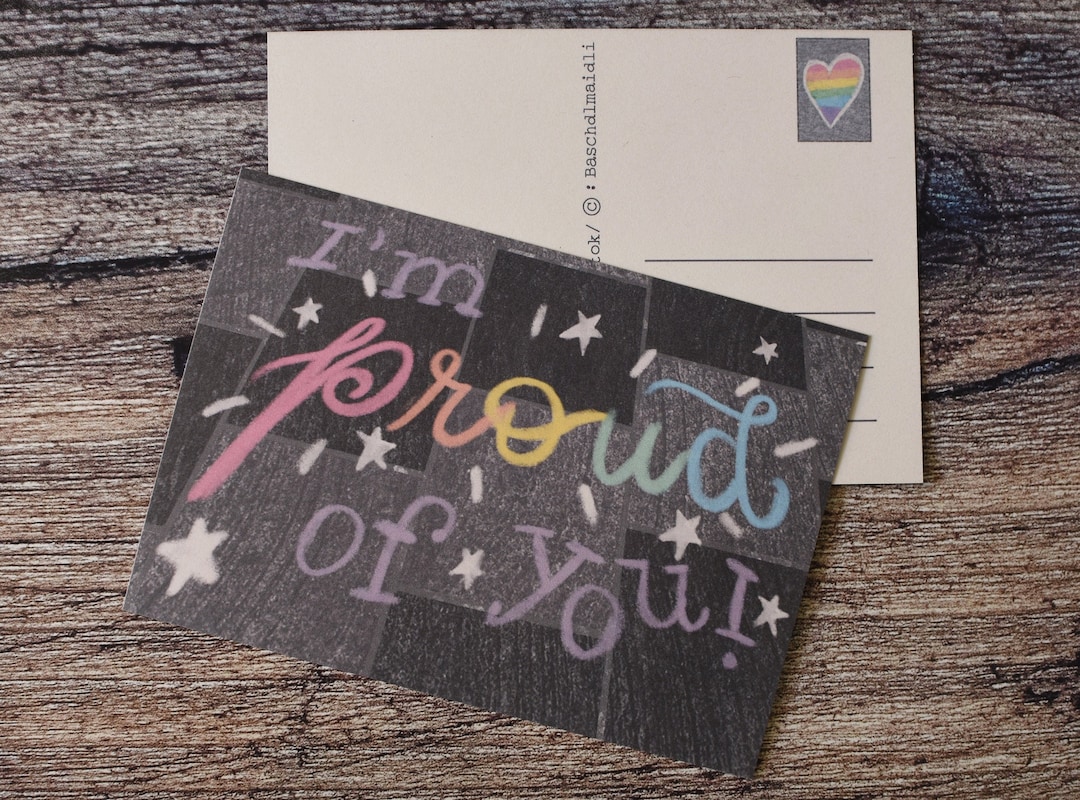 Proud of You Postcard - chalk lettering wholesome greeting rainbow ...