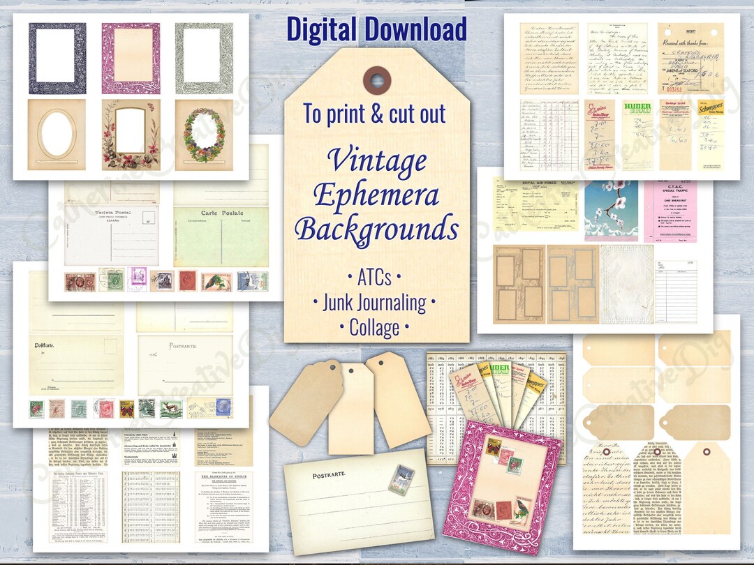 Vintage Backgrounds Printable Ephemera Kit for Junk Journal, Collage ...