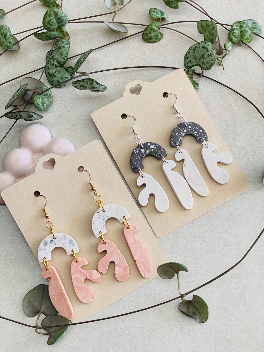 Jesmonite Drop Earrings | Summer Terrazzo Jewelry | White Marbled ...