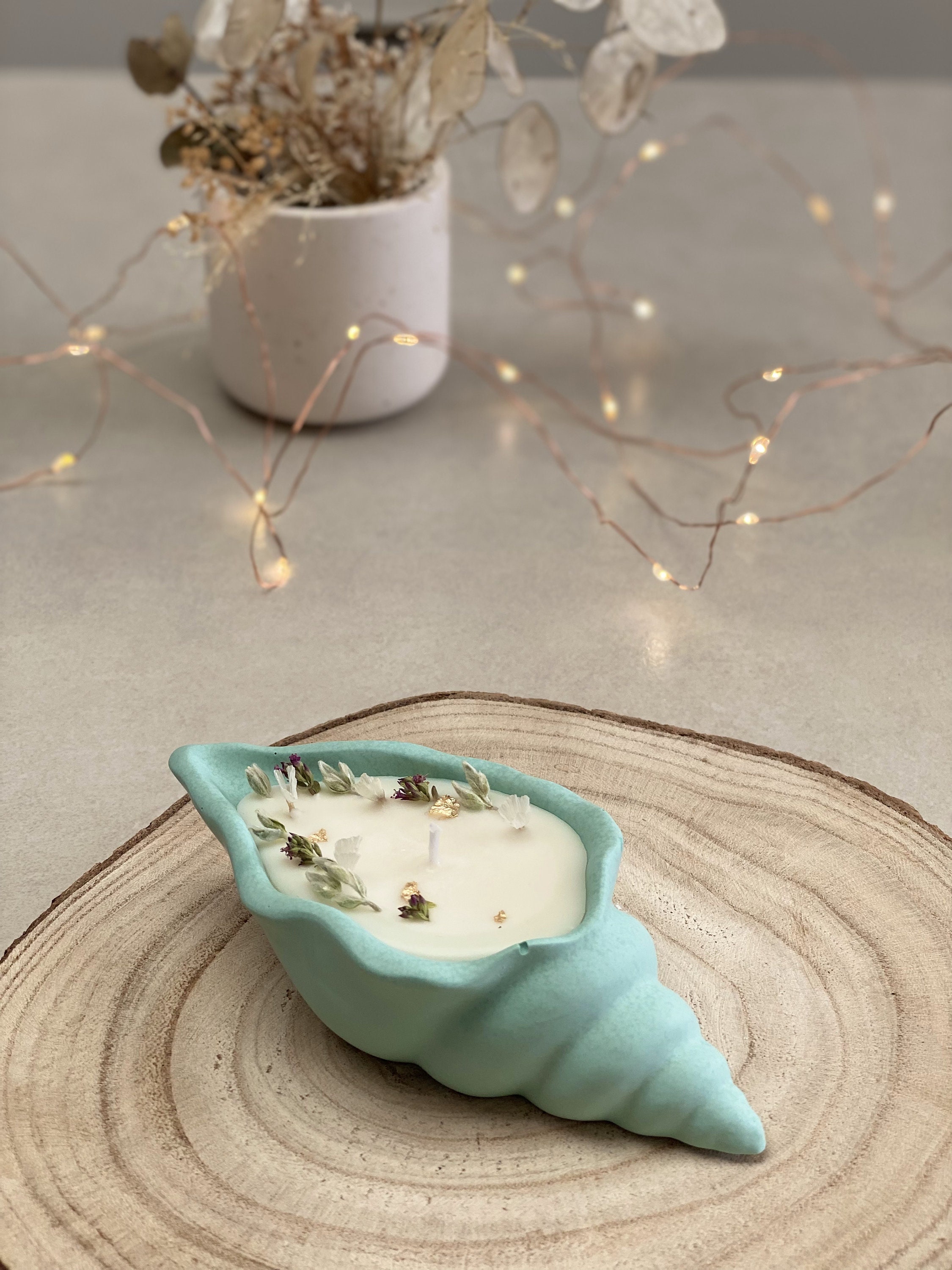 Jesmonite Dried Flowers Scented Soy Candle | Sea Snail Shell | Boho ...