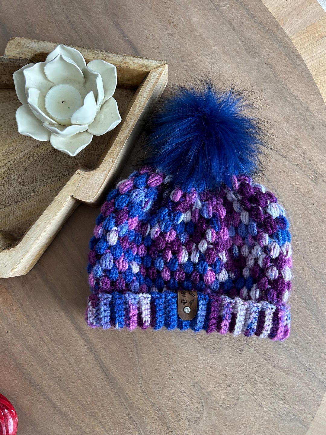 Crochet Hat Puff Stitch Purple Mix Color - Etsy