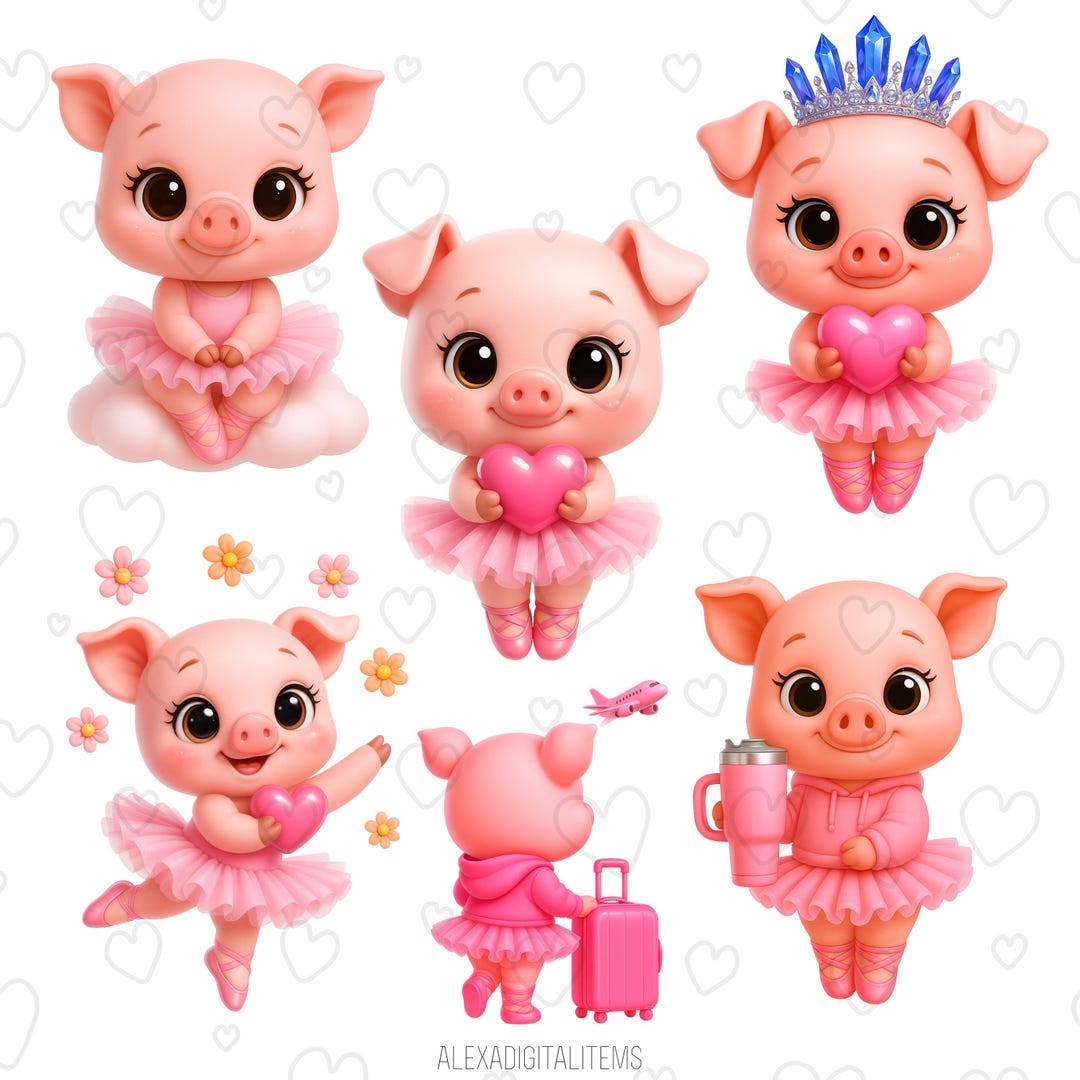 Adorable Ballerina Pig Clipart | Cute Pink Pig Pngs for Birthday ...