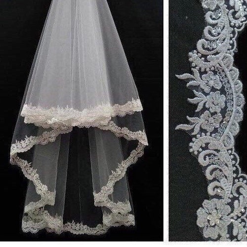 With Crystals 2 Tier Akisha String Pearl Veil 2 Tier Veil With Pearls