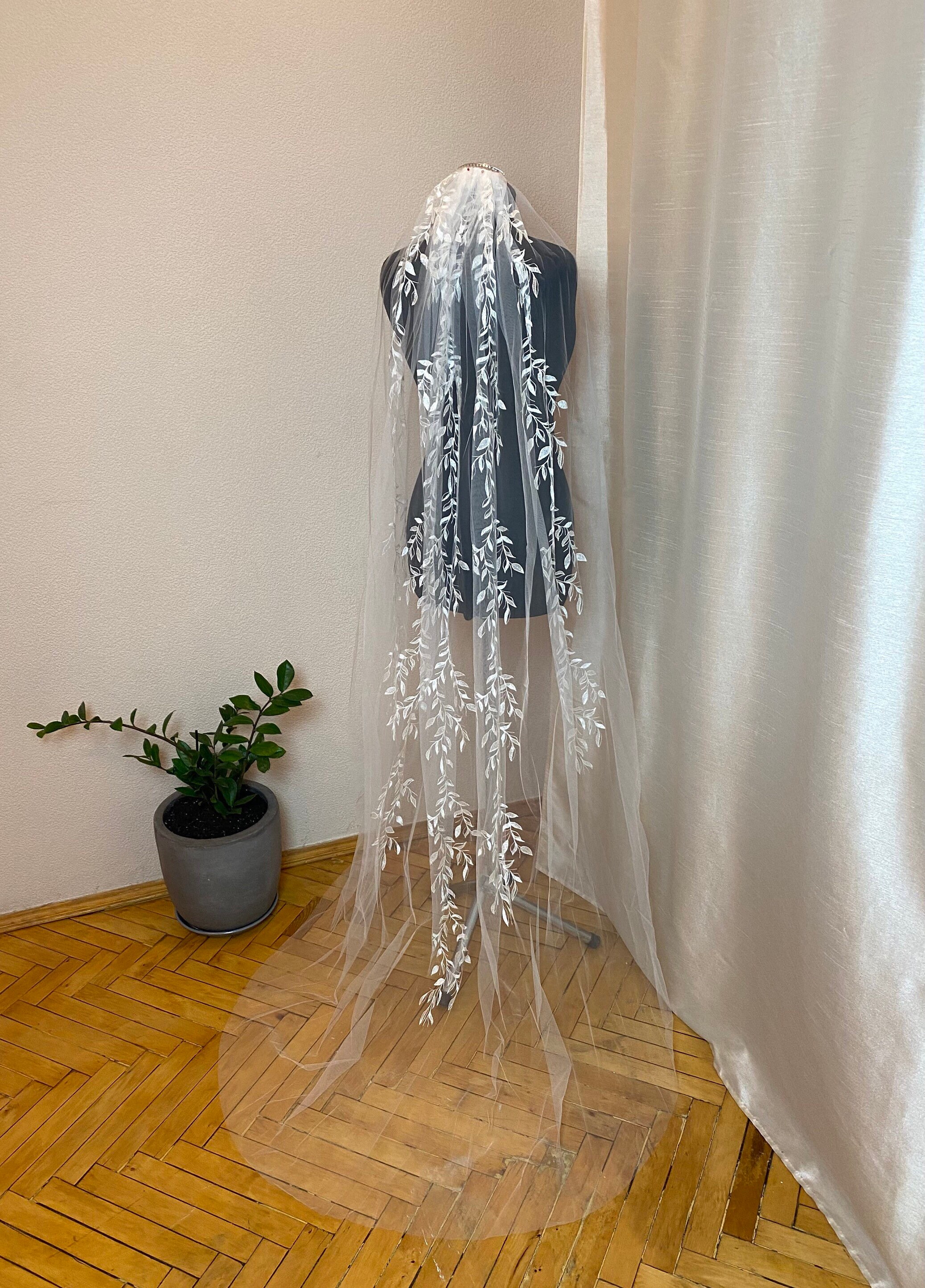 Wedding Veil Leaf Bridal Veil Lace Trim Veil Wedding Cathedral - Etsy