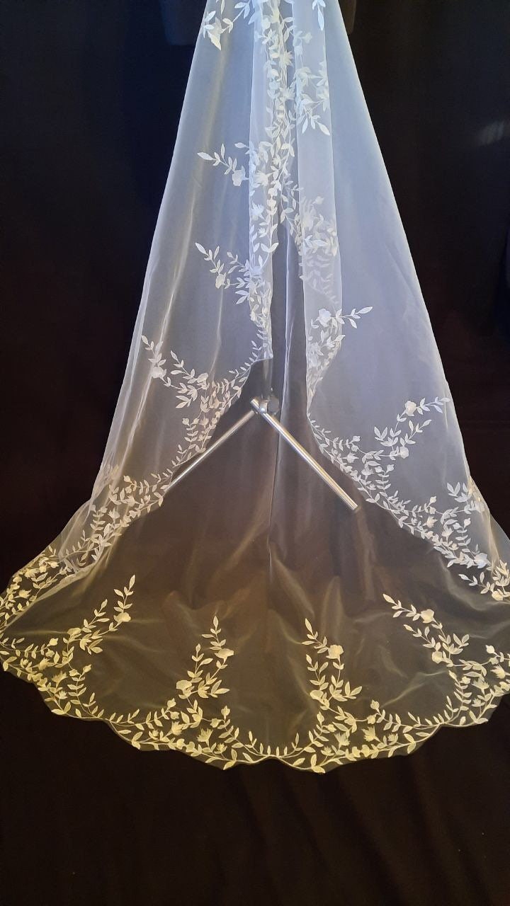 Wedding veil two tier veil ivory embroidery veil trim veil | Etsy