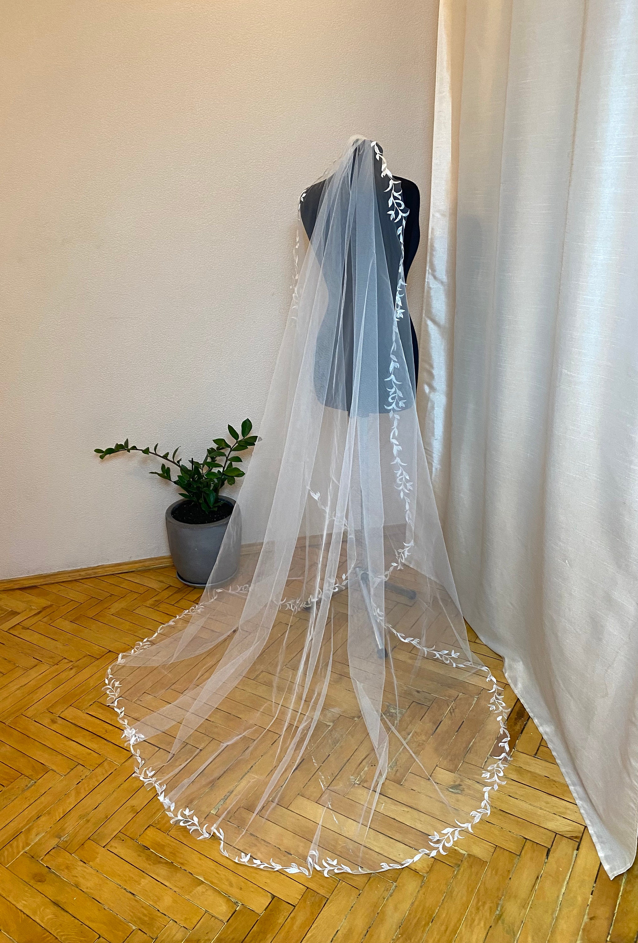Veil Wedding Leaf Veil Ivory Lace Veil Lace White Applique Veil Bridal ...