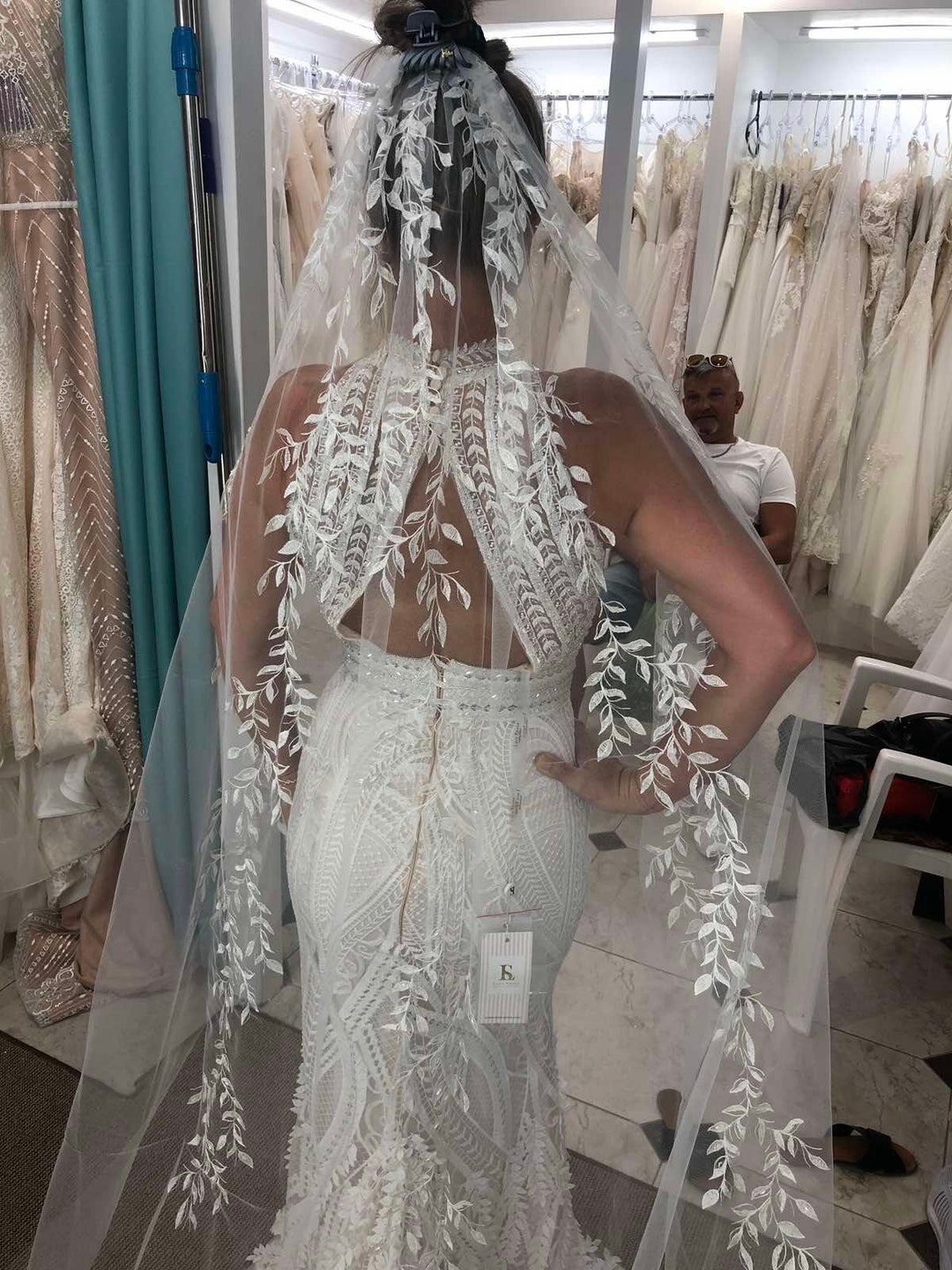 One Tier Veil Wedding Leaf Veil Ivory Lace Trim Veil Lace White ...