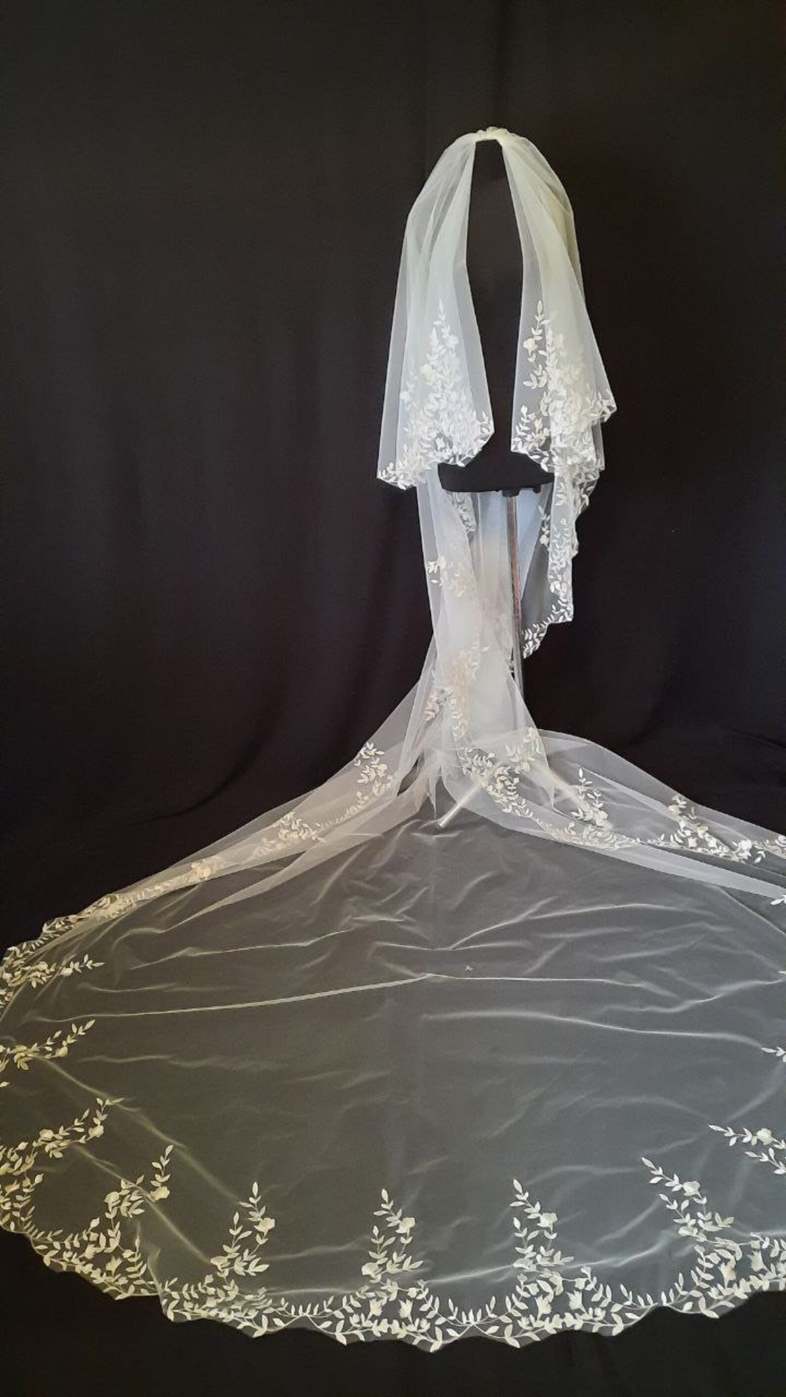 Wedding veil two tier veil ivory embroidery veil trim veil | Etsy
