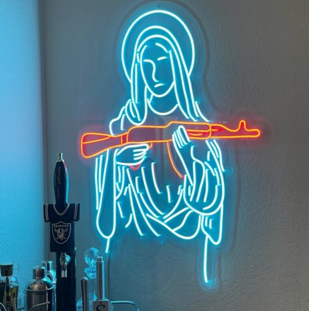 Blessed Virgin Mary Madonna Kalashnikov Gun АК-47, LED Neon Sign, Wall ...