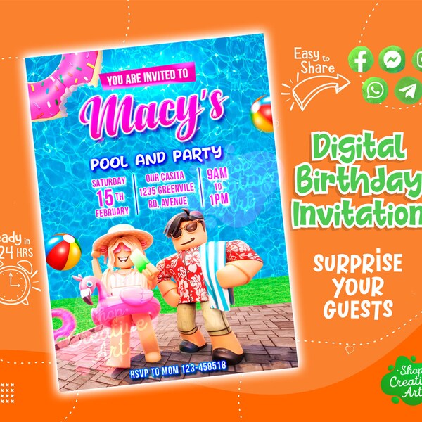 Roblox Pool Party Birthday Invitation Template - Etsy
