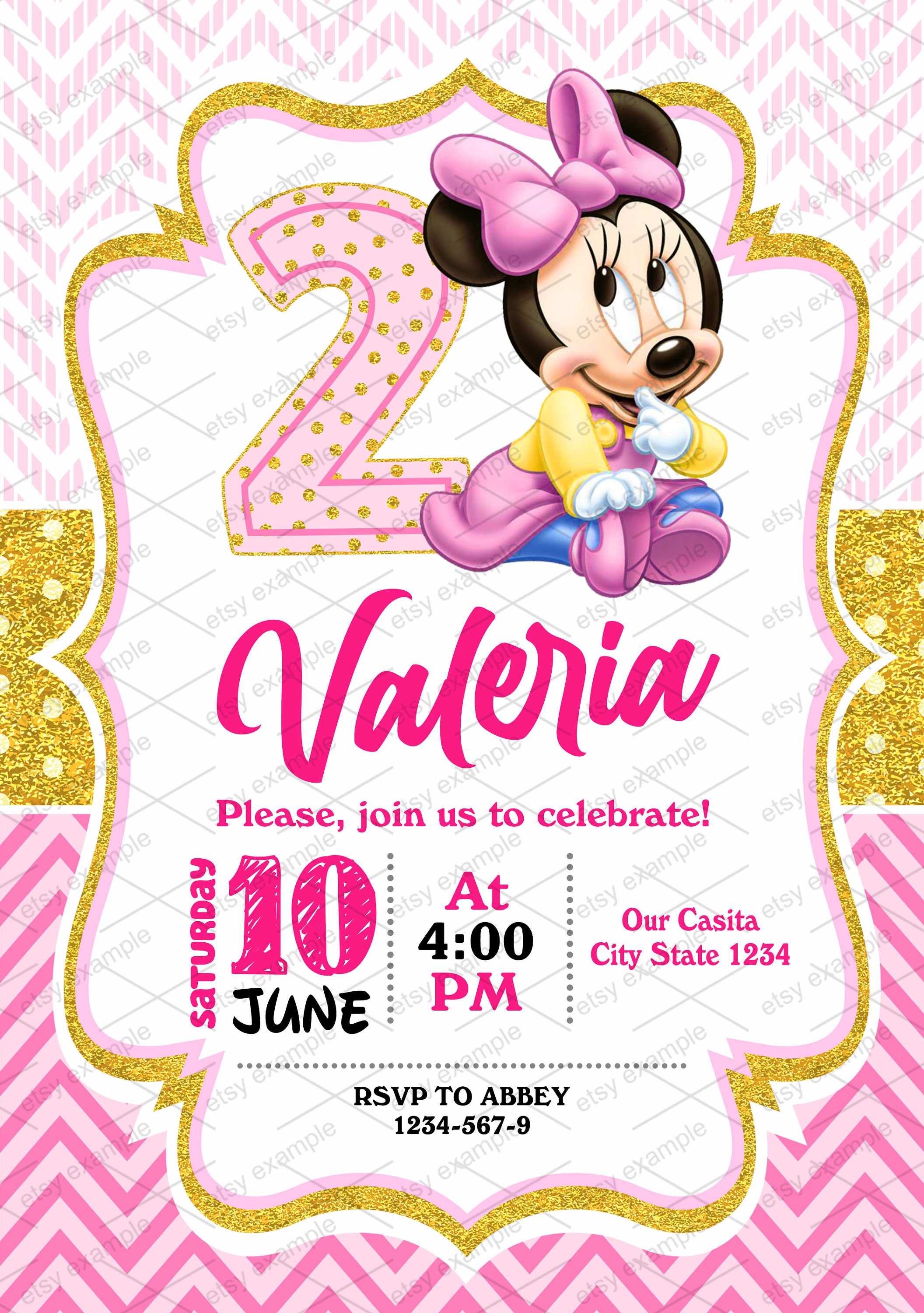 Digital MINNIE MOUSE Invitation, Minnie Mouse Baby Baptism Invitation ...