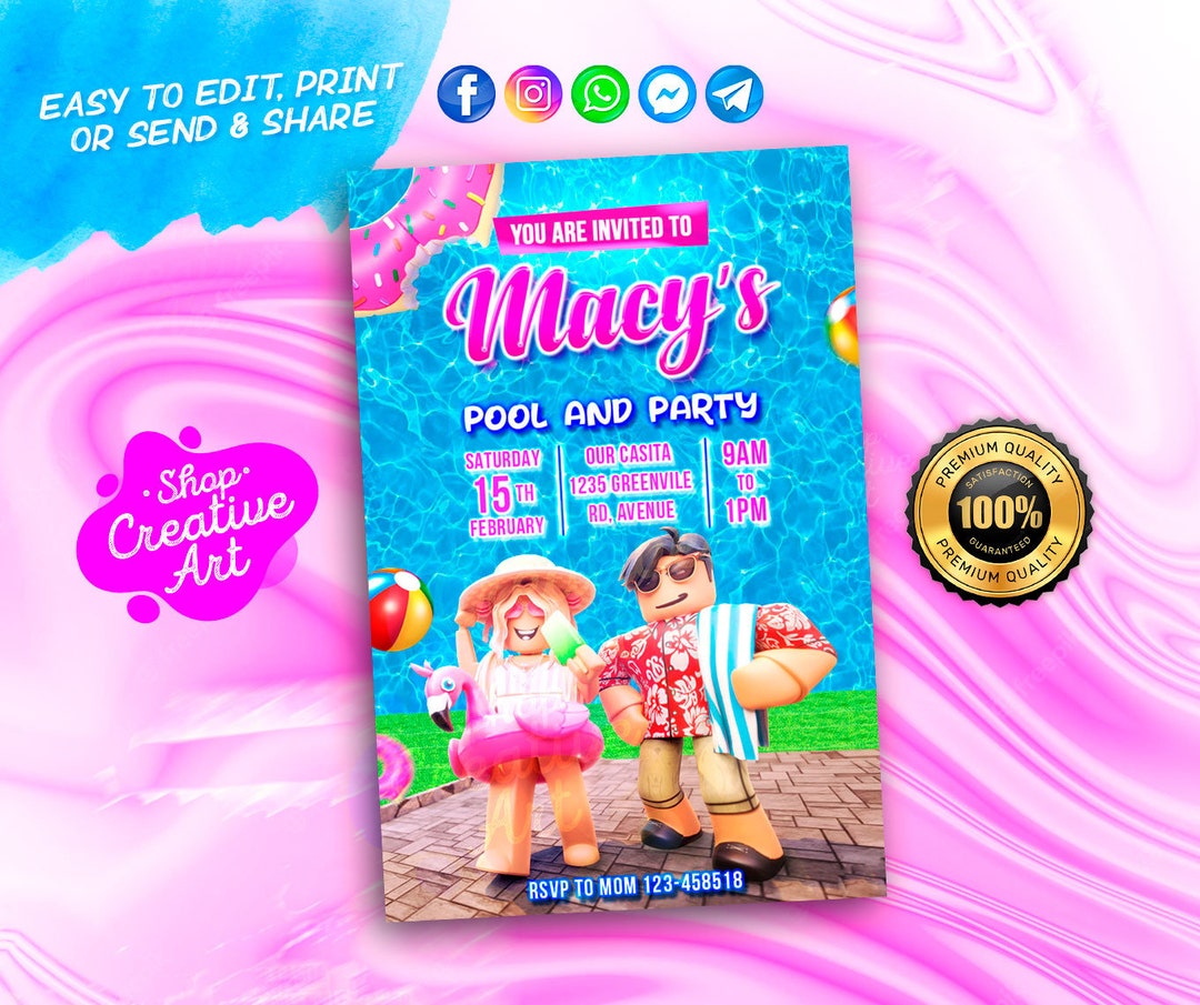 ROBLOX Kids Birthday Pool Party Invitation Template Printable, Kids ...