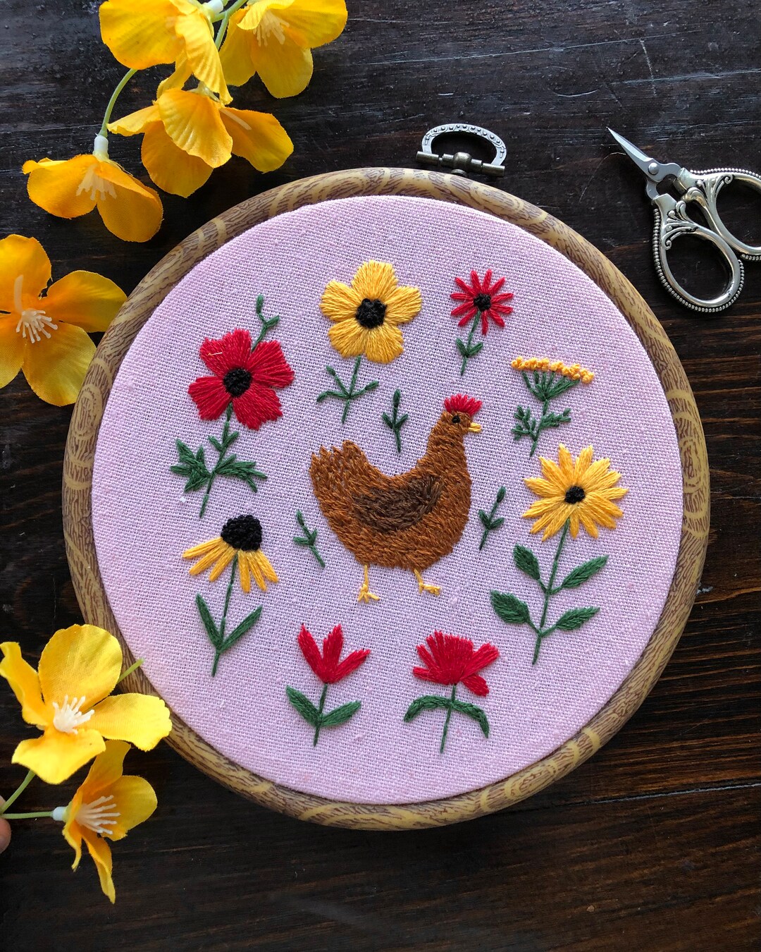 Summer Chick Embroidery PDF Pattern, Brown Hen Among Yellow and Red ...