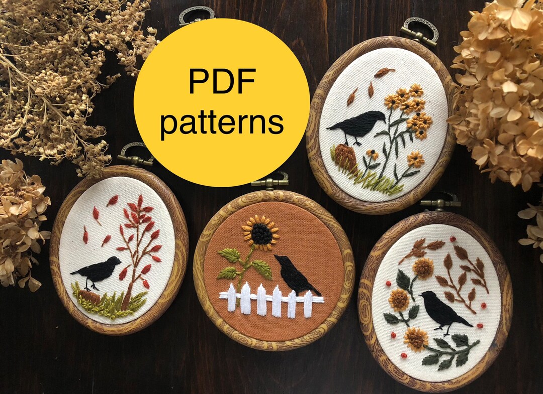 4 Four Embroidery PDF Patterns, Autumn Pattern, Raven Embroidery for ...