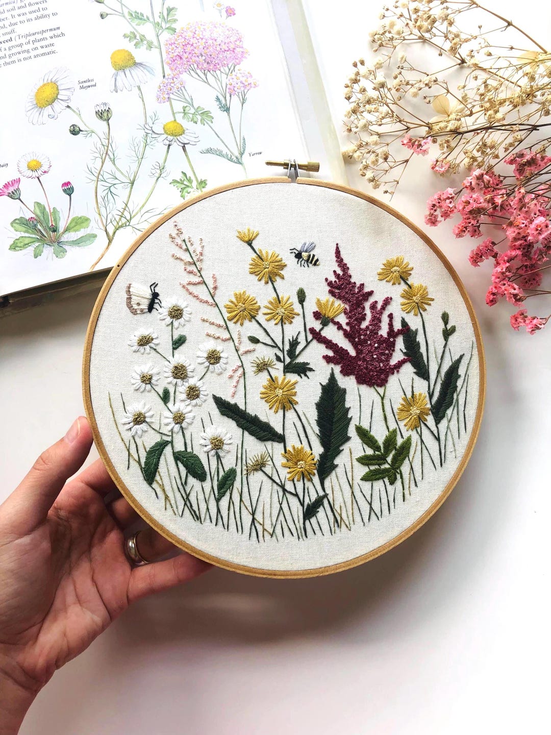 Daisy and Dandelion Meadow Embroidery Pattern: Floral Design (PDF ...