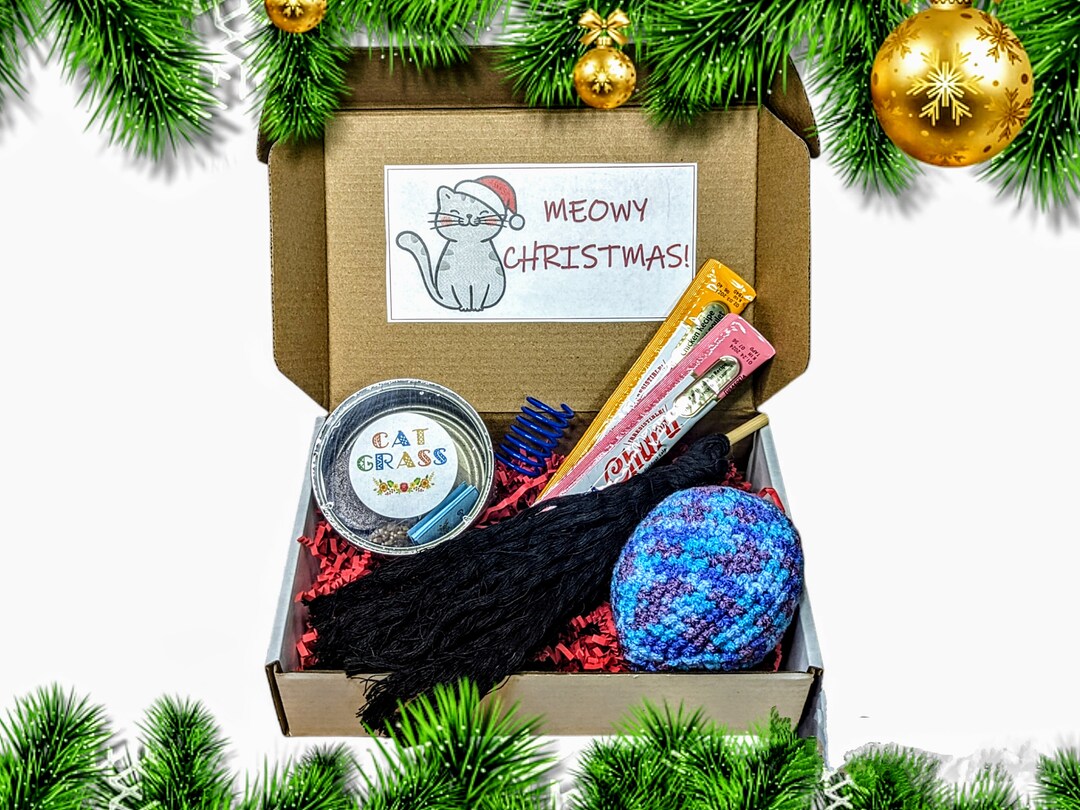 Christmas Cat Toy Gift Box | Includes: Organic Cat Grass Kit, Crochet ...