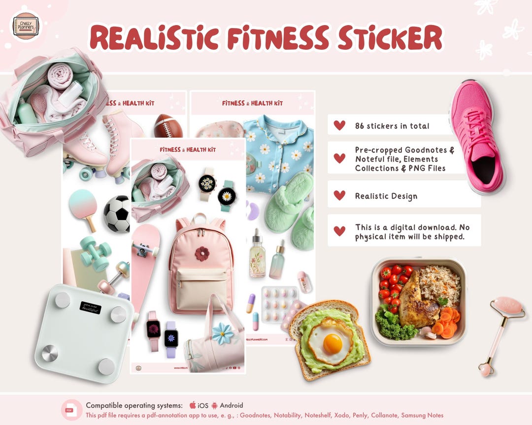Realistic Fitness & Health Stickers, Digital Planner Stickers (PNG ...
