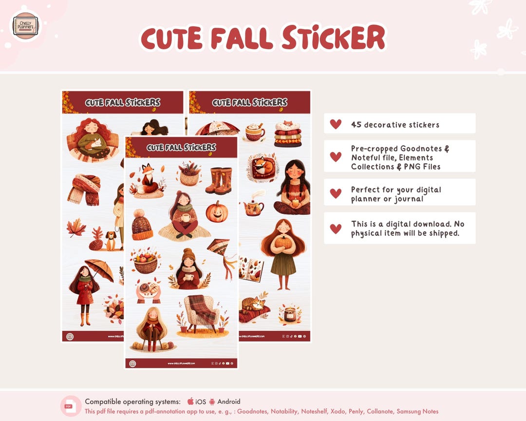 Cute Fall Digital Stickers / Decorative Pre-cropped Digital Stickers ...
