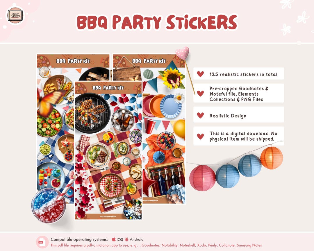 Realistic BBQ Party Stickers, Digital Planner Stickers (PNG, Goodnotes ...